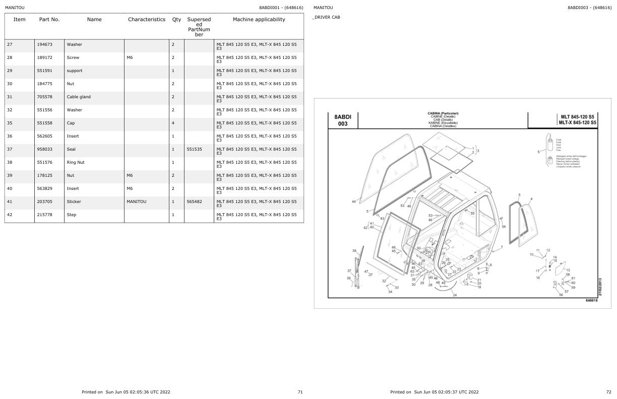 Manitou Telehandler MLT-X 845 120 S5 E3 Parts Catalog 648616