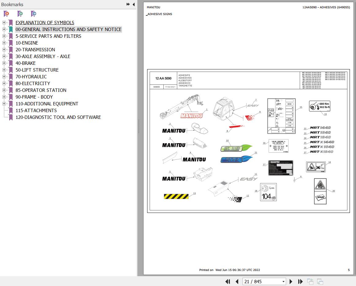 Manitou Telehandler MRT 1440 EASY 75P 400 ST3B S2 Parts Catalog 649055