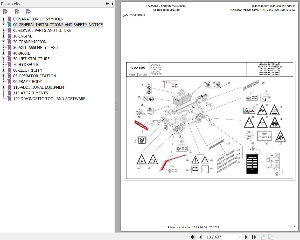 Manitou Telehandler MRT 1845 400 115D ST5 S1 Parts Catalog 649294