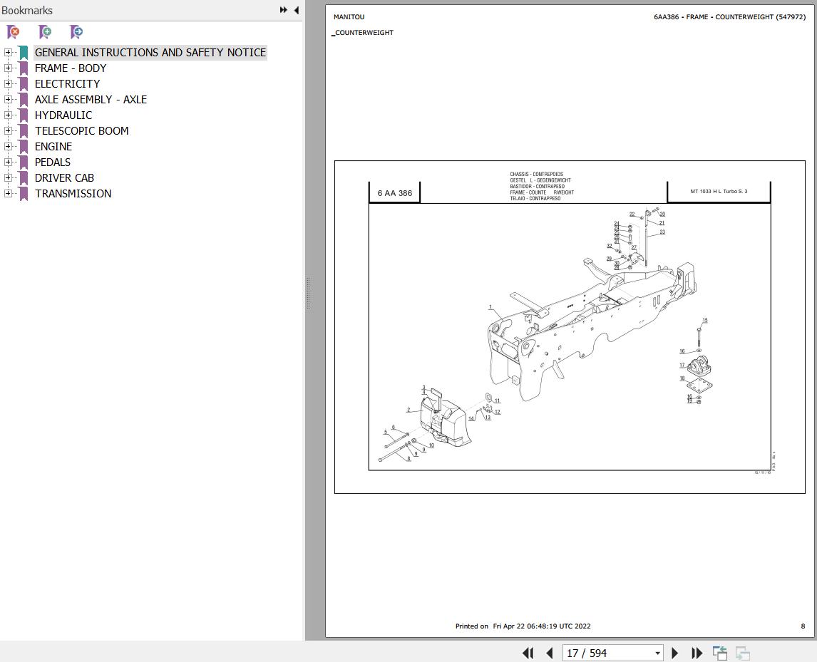 Manitou Telehandler MT 1033 H L TURBO S3 E2 Parts Catalog 547972