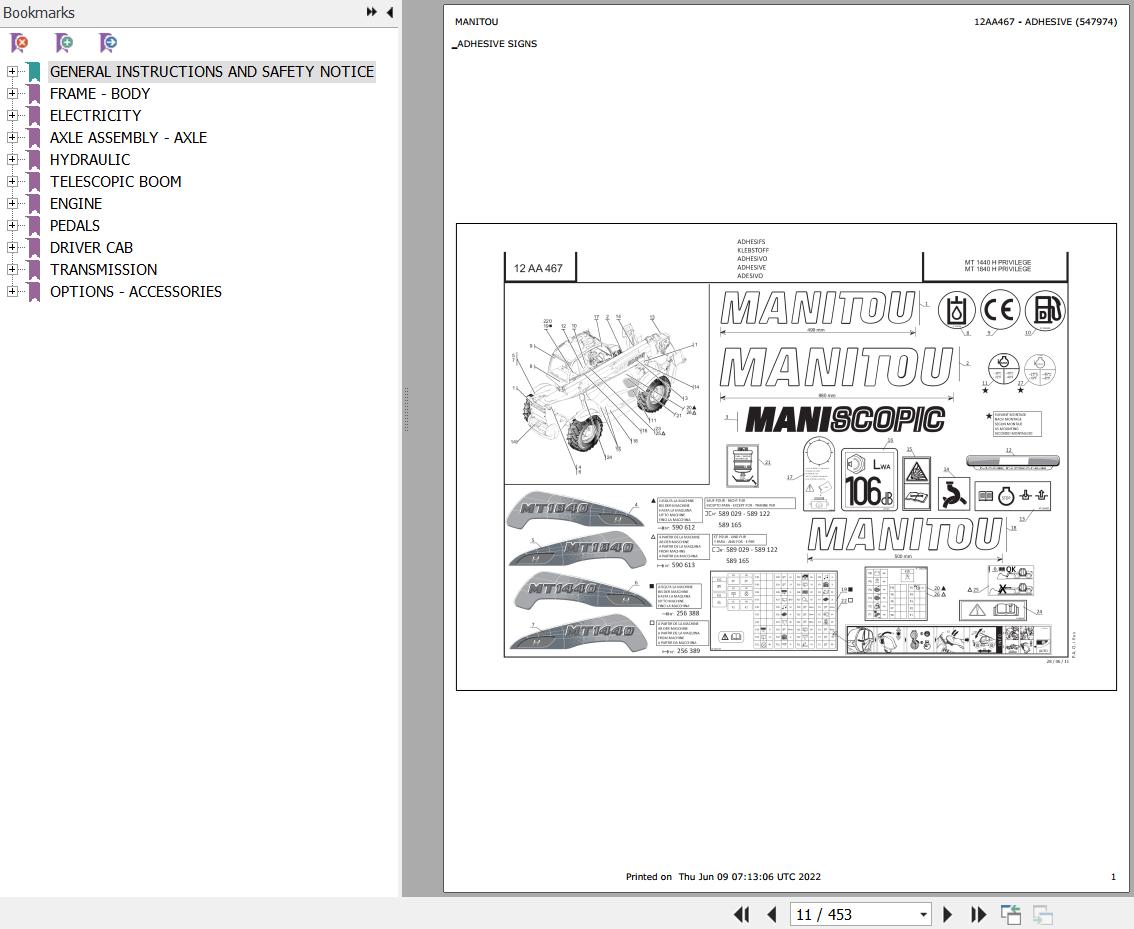 Manitou Telehandler MT 1044 H PRIVILEGE Parts Catalog 547974