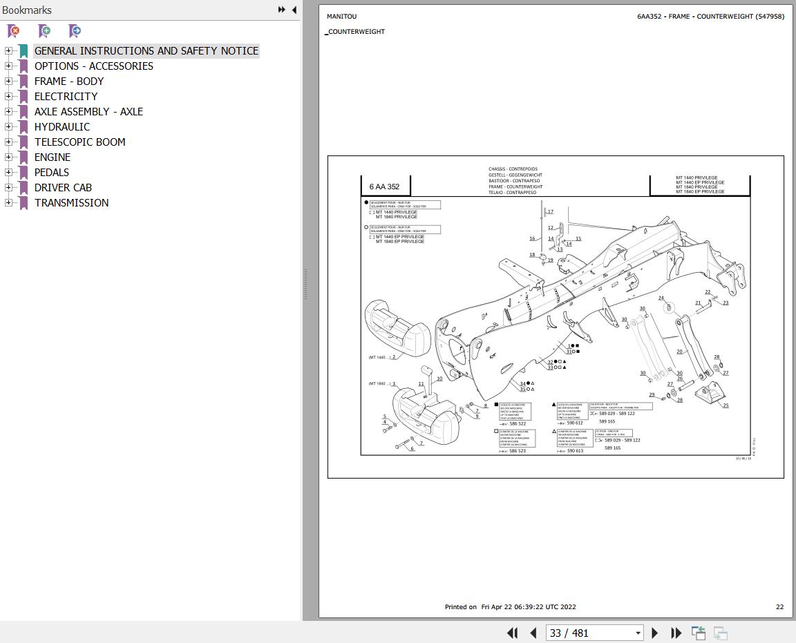 Manitou Telehandler MT 1044 PRIVILEGE Parts Catalog 547958