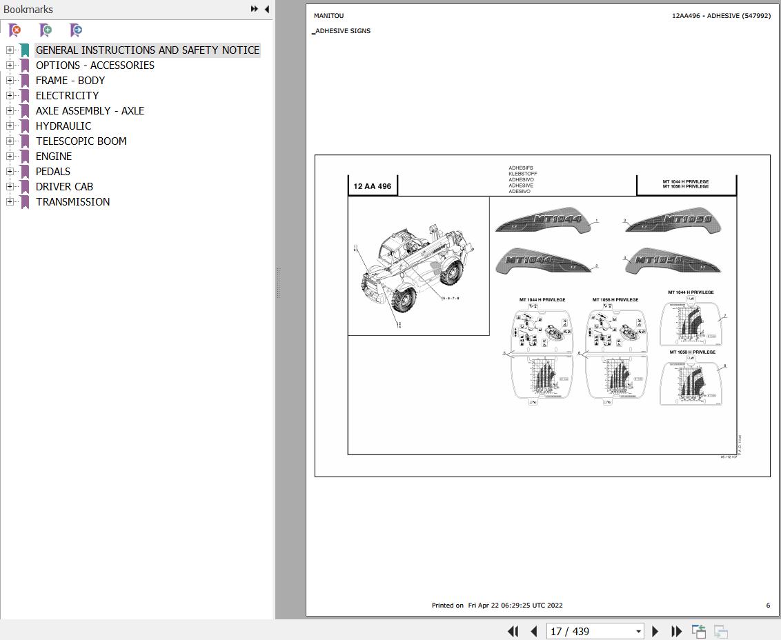 Manitou Telehandler MT 1058 H PRIVILEGE Parts Catalog 547974
