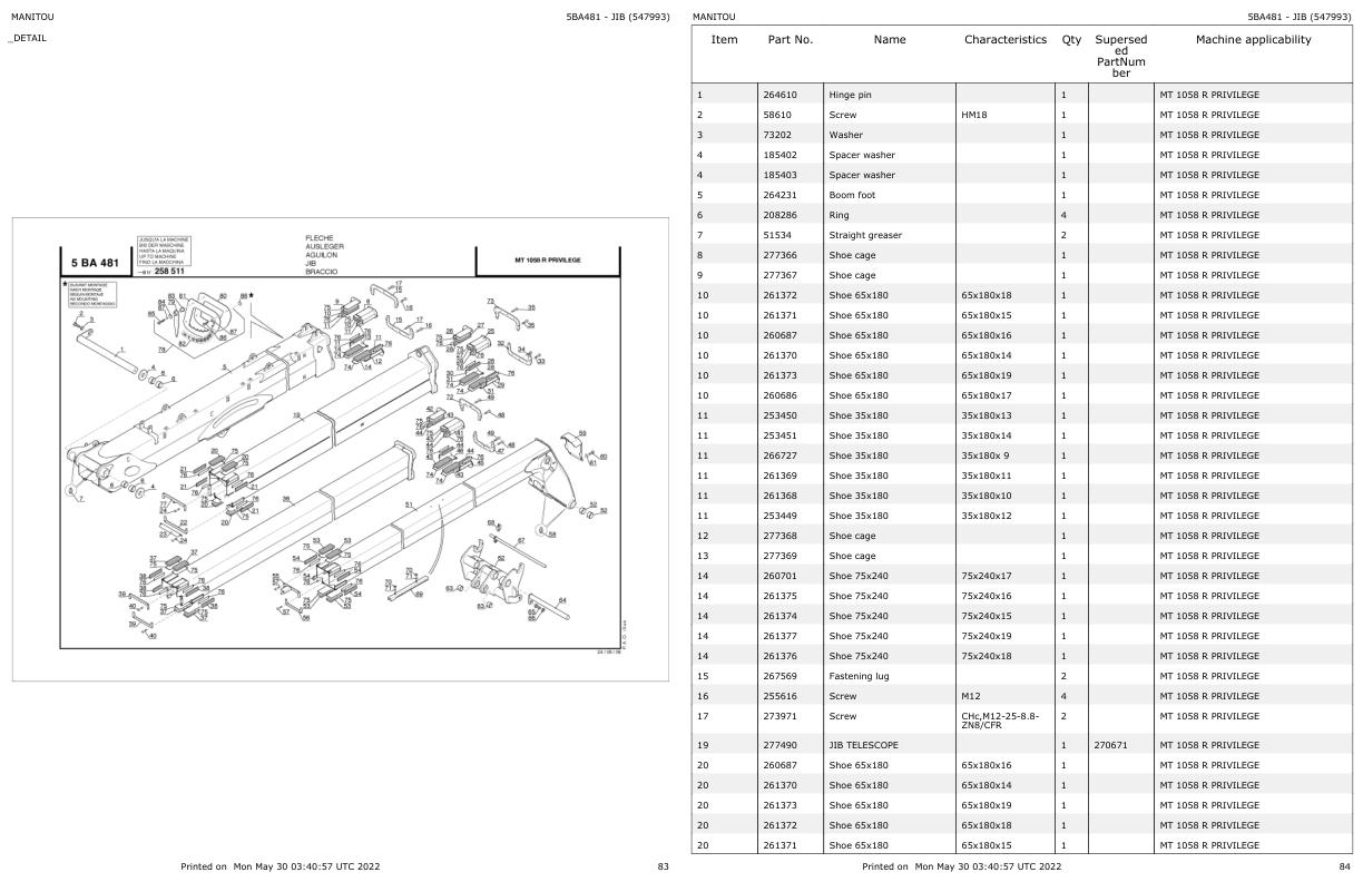 Manitou Telehandler MT 1058 R PRIVILEGE Parts Catalog 547966