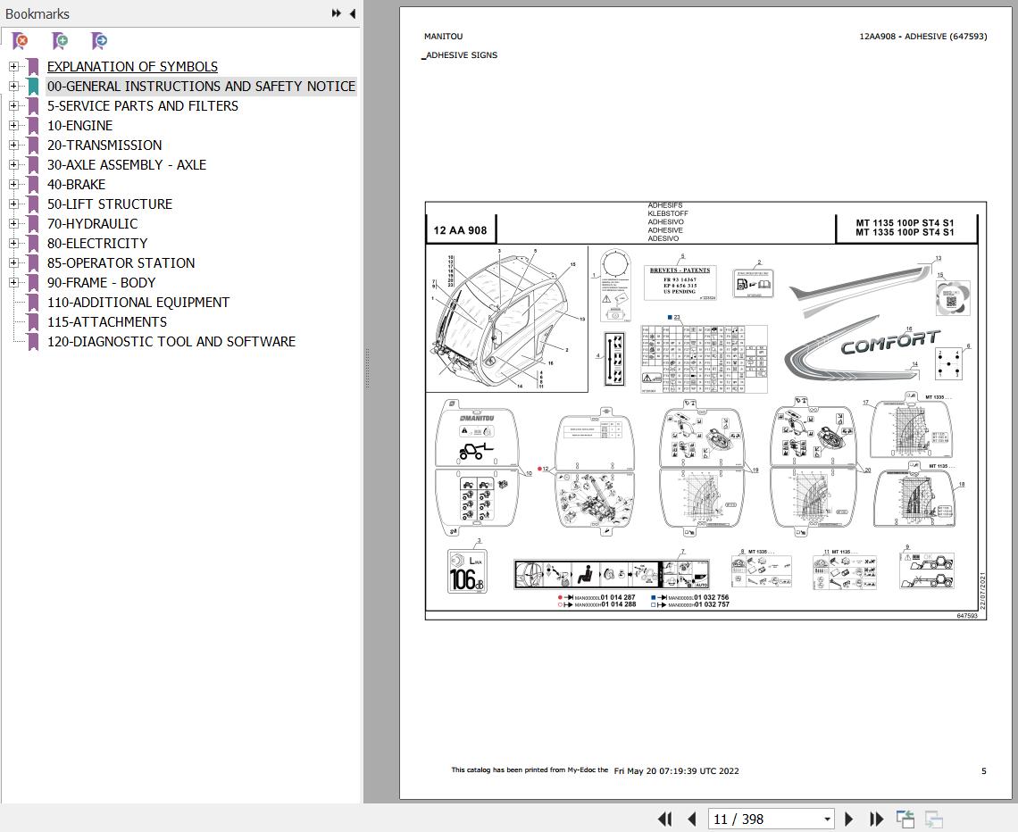 Manitou Telehandler MT 1135 100P ST4 S1 Parts Catalog 647593