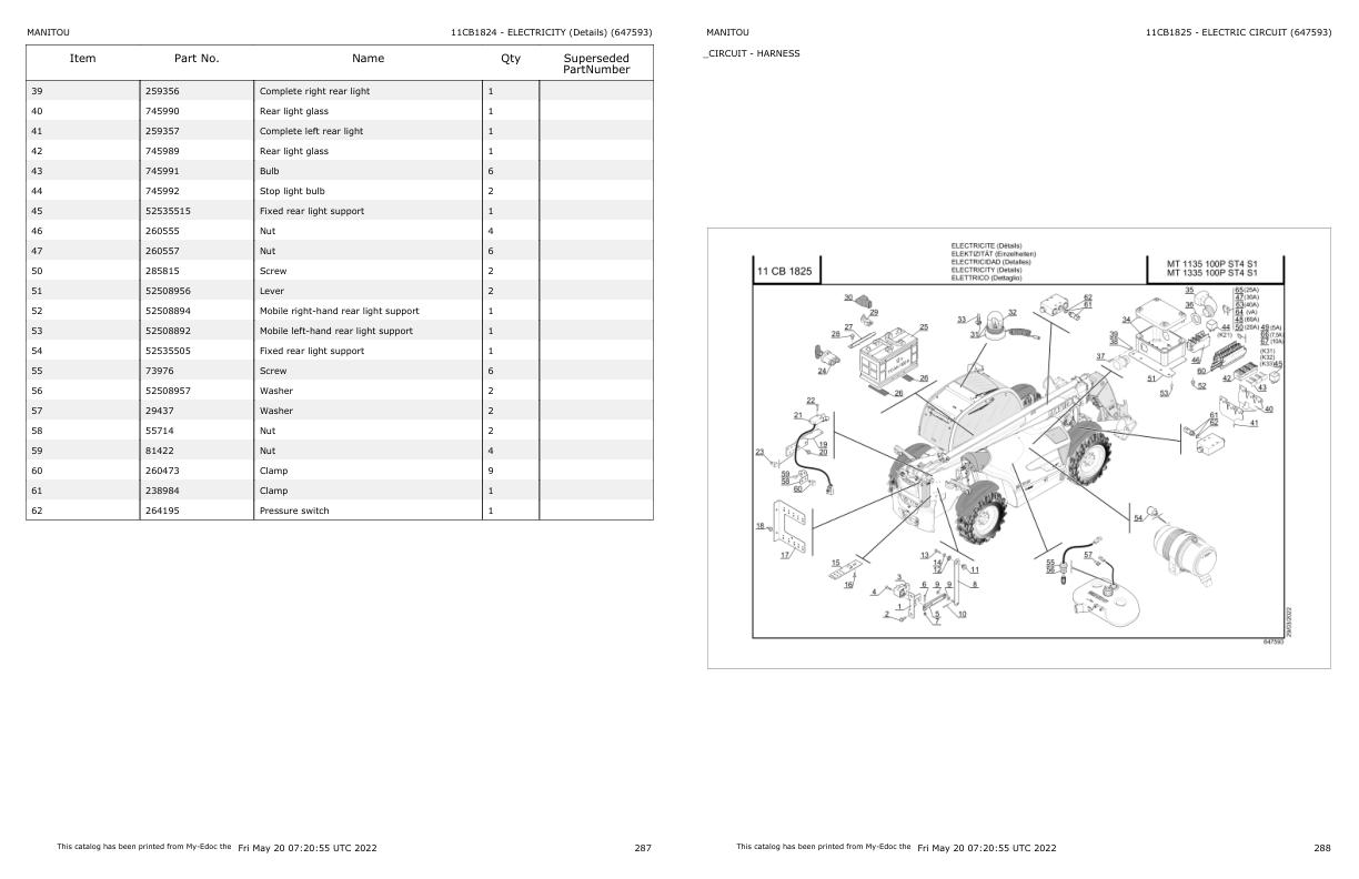 Manitou Telehandler MT 1135 100P ST4 S1 Parts Catalog 647593
