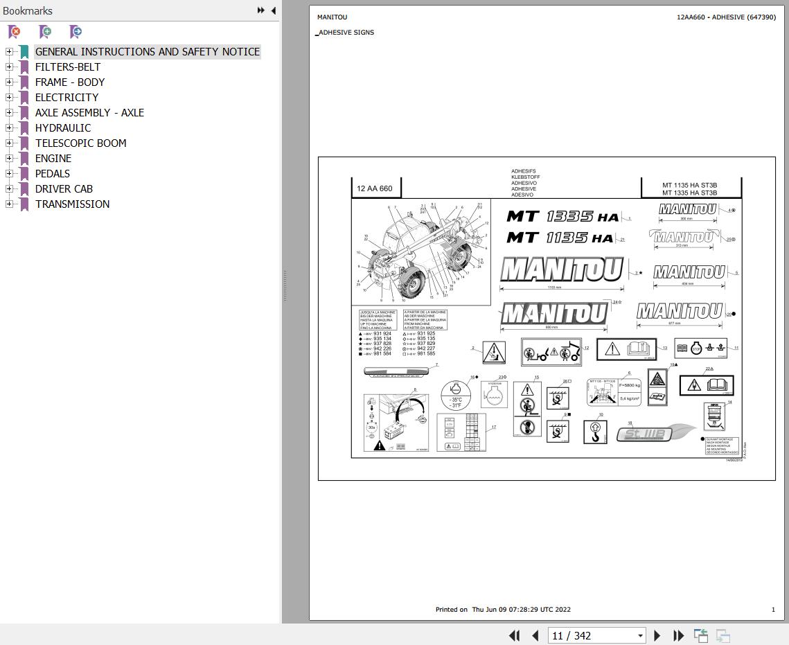 Manitou Telehandler MT 1135 H A ST3B Parts Catalog 647390