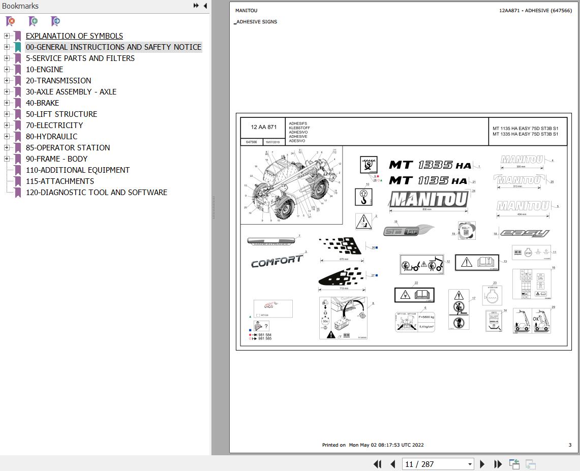 Manitou Telehandler MT 1135 HA EASY 75D ST3B S1 Parts Catalog 647566