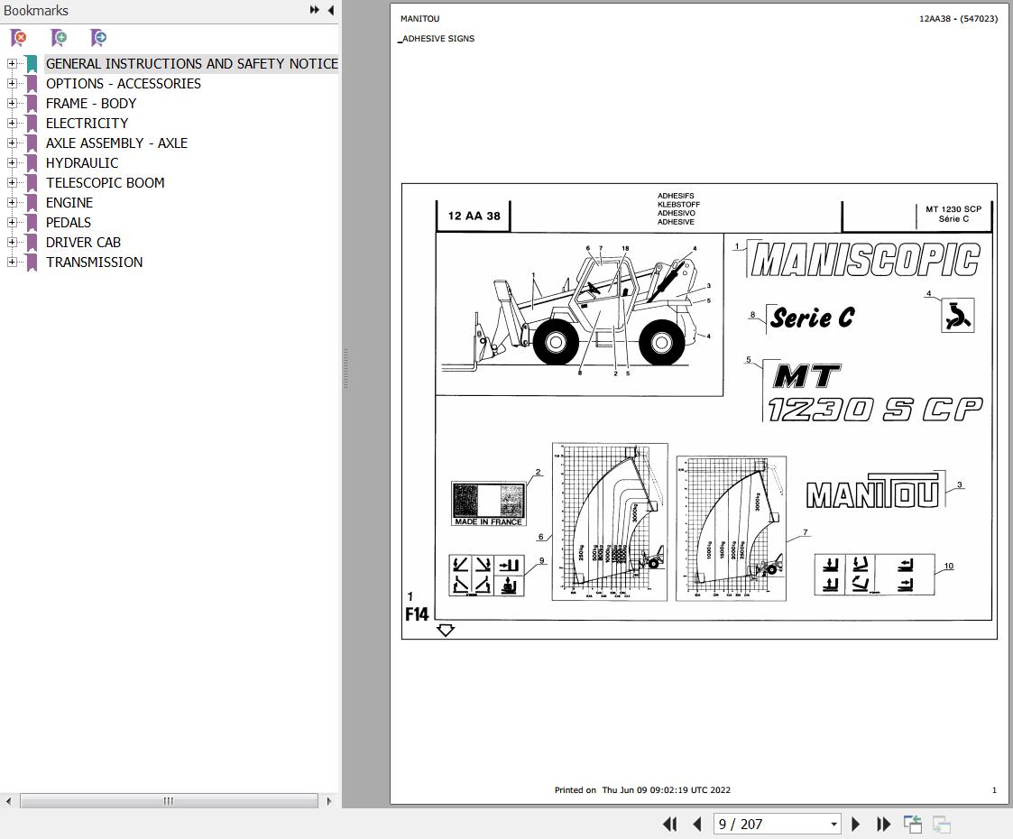 Manitou Telehandler MT 1230 SCP SERIE C Parts Catalog 547023