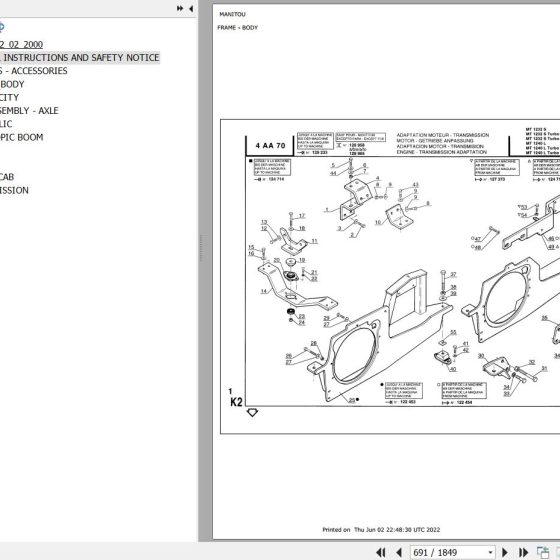 Manitou Telehandler MT 1232 S Parts Catalog 547023
