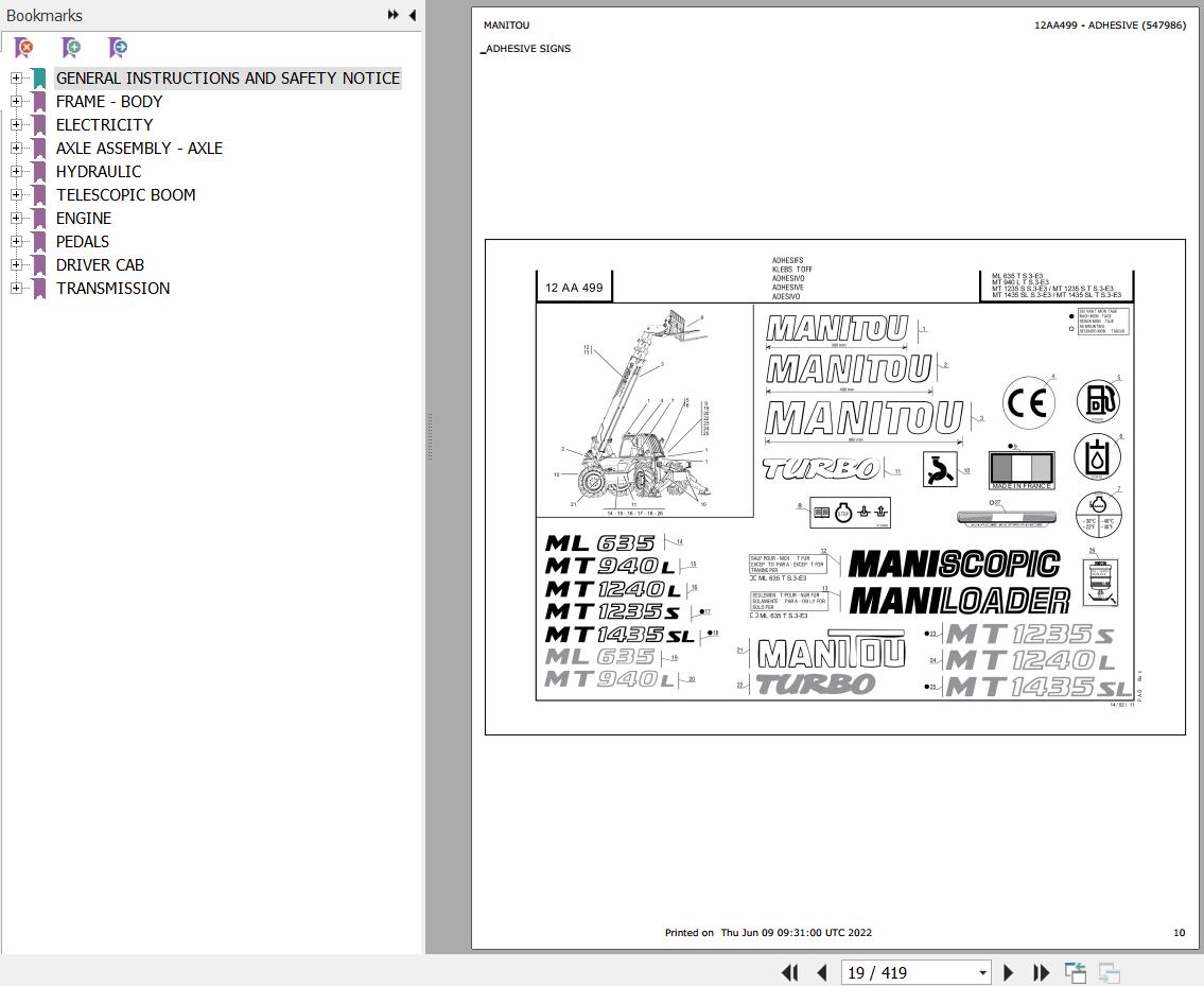 Manitou Telehandler MT 1235 S S3 E3 Parts Catalog 547986