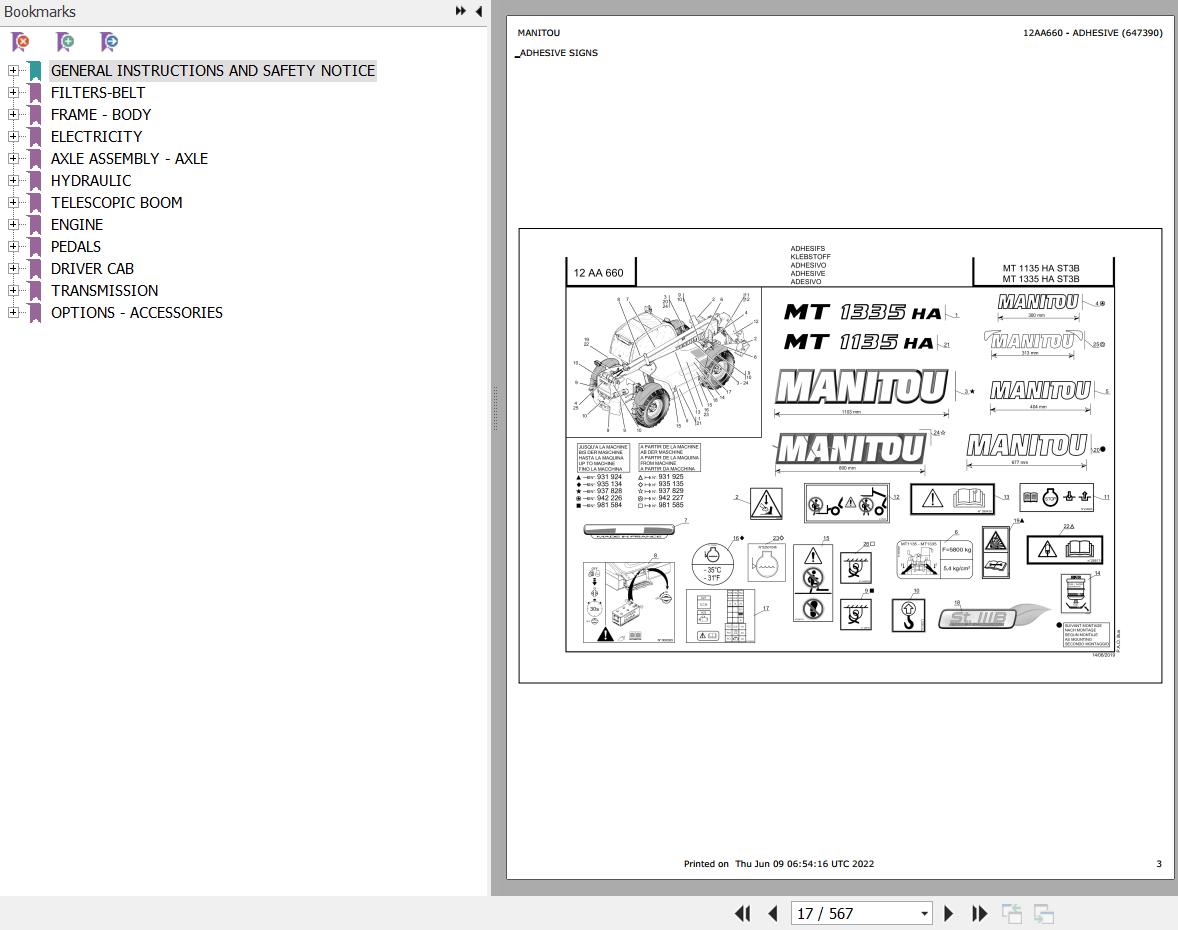 Manitou Telehandler MT 1335 H A ST3B Parts Catalog 647399