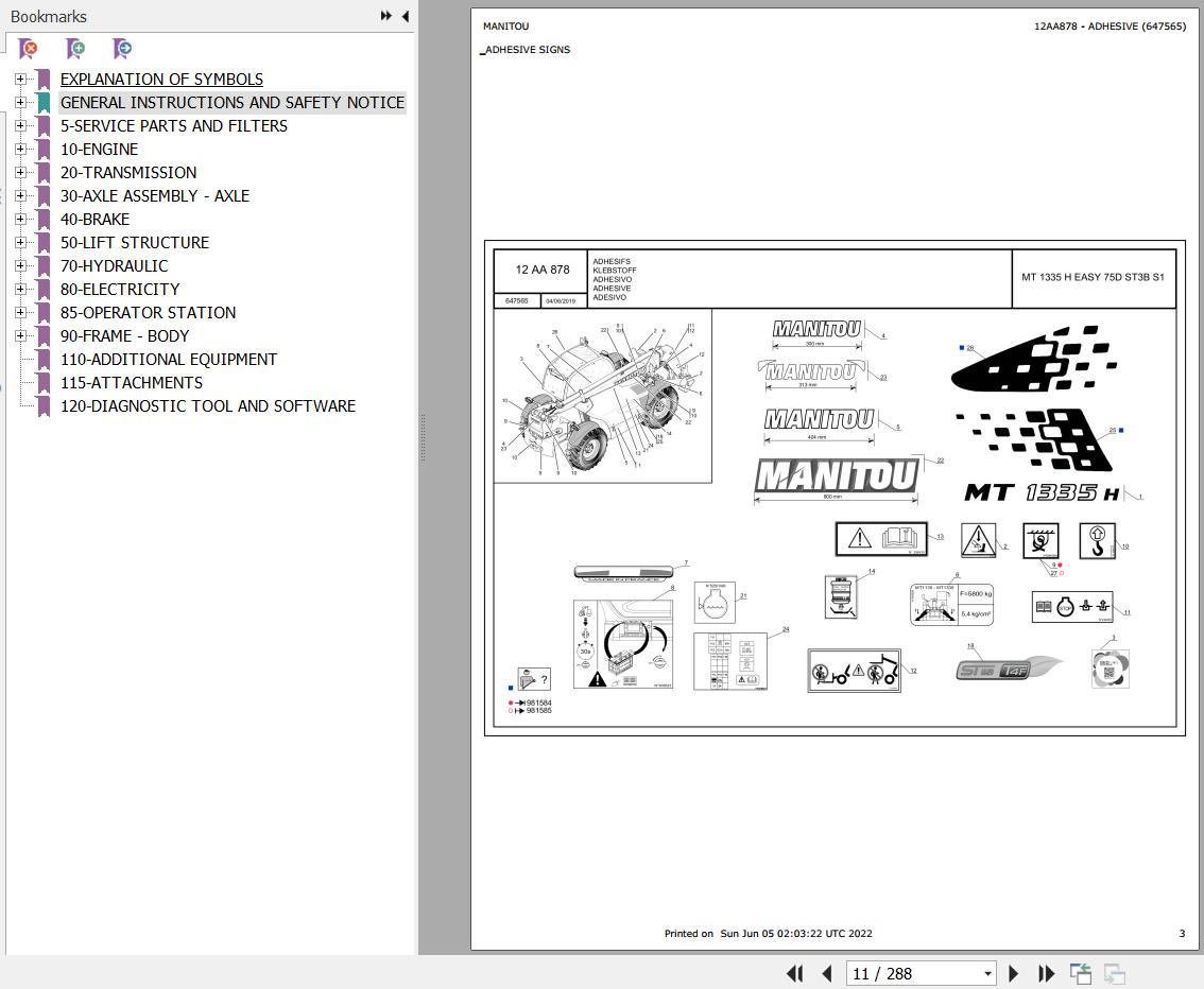 Manitou Telehandler MT 1335 H EASY 75D ST3B S1 Parts Catalog 647565