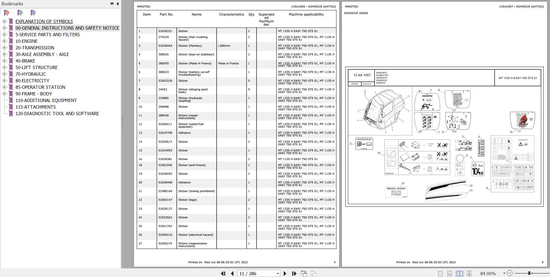 Manitou Telehandler MT 1335 H EASY 75D ST5 S1 Parts Catalog 647762