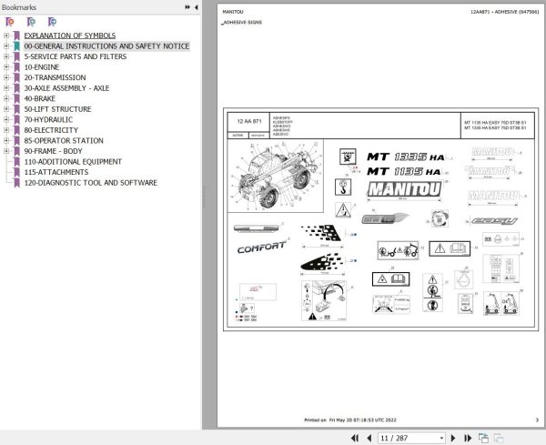 Manitou Telehandler MT 1335 HA EASY 75D ST3B S1 Parts Catalog 647566