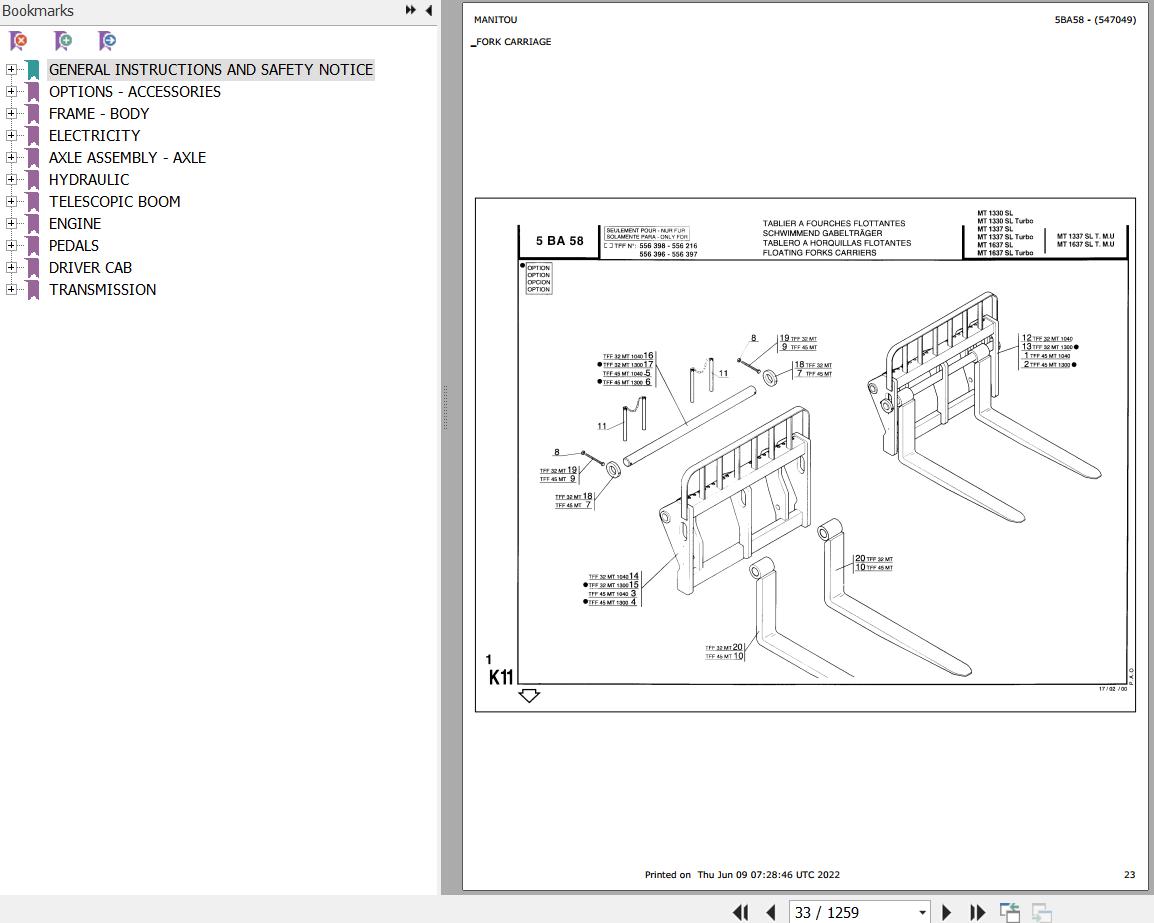 Manitou Telehandler MT 1337 SL Parts Catalog 547049