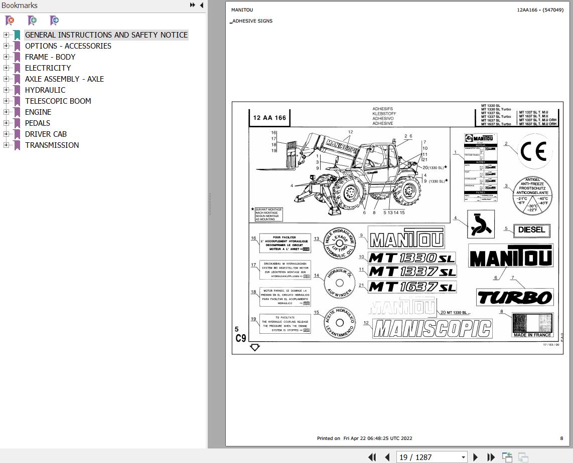 Manitou Telehandler MT 1337 SL TURBO MONO ULTRA Parts Catalog 547049