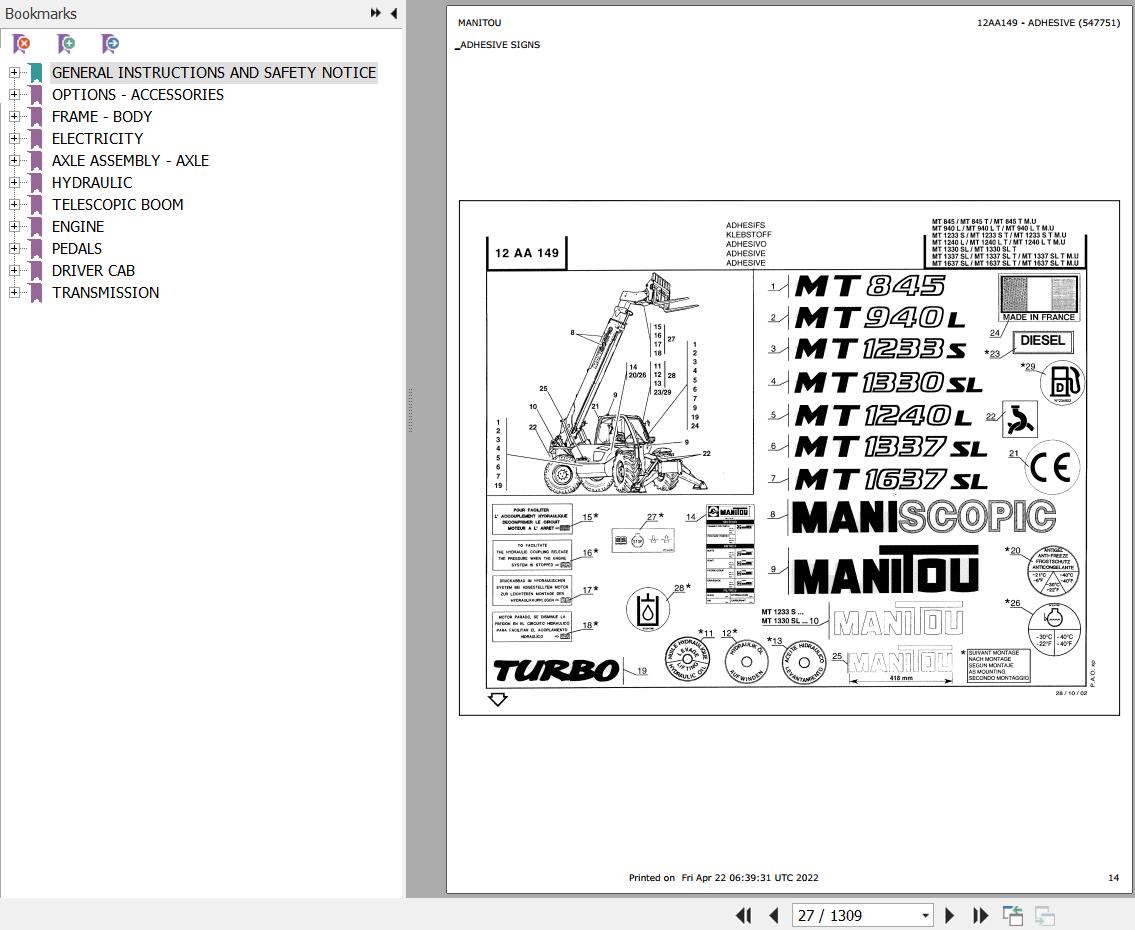 Manitou Telehandler MT 1337 SL TURBO MONO ULTRA S2 Parts Catalog 547751