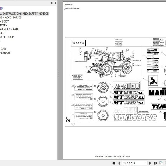 Manitou Telehandler MT 1340 SL TURBO S3 E2 Parts Catalog 547848