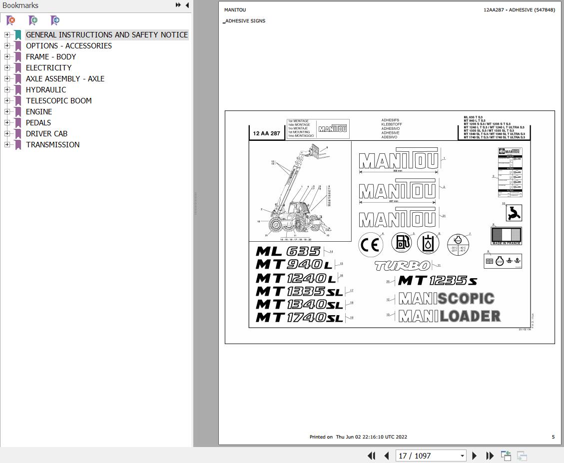 Manitou Telehandler MT 1340 SL TURBO ULTRA S3 E2 Parts Catalog 547848