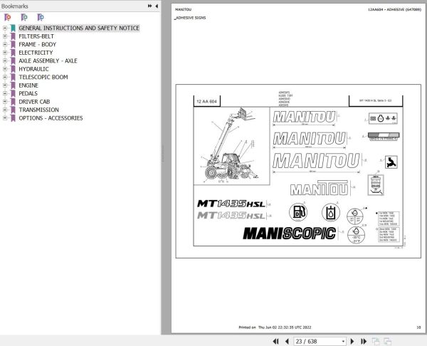 Manitou Telehandler MT 1435 H SL S3 E3 Parts Catalog 647089