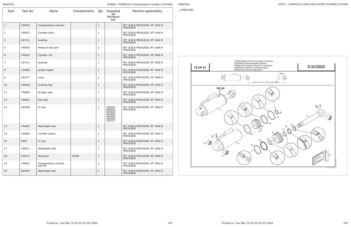 Manitou Telehandler MT 1436 1840 R PRIVILEGE Parts Catalog 547966