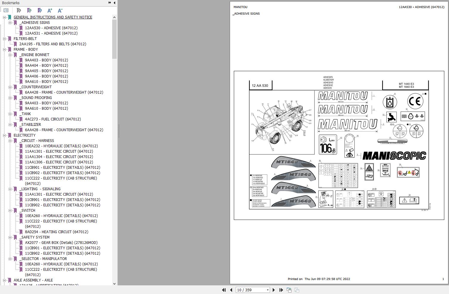 Manitou Telehandler MT 1440 E3 MT 1840 E3 Parts Catalog 647012