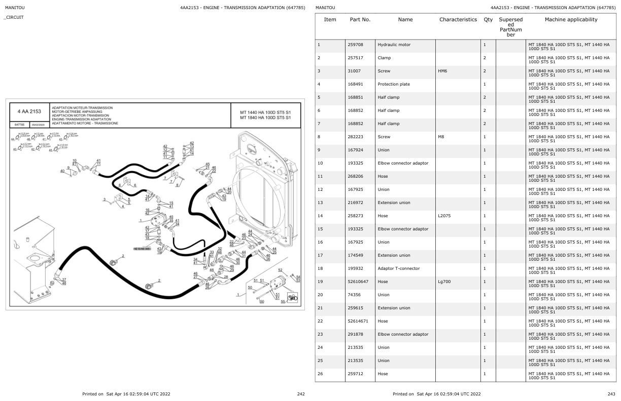Manitou Telehandler MT 1440 HA 100D ST5 S1 Parts Catalog 647785