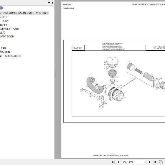 Manitou Telehandler MT 1440 HA E3 Parts Catalog 647129