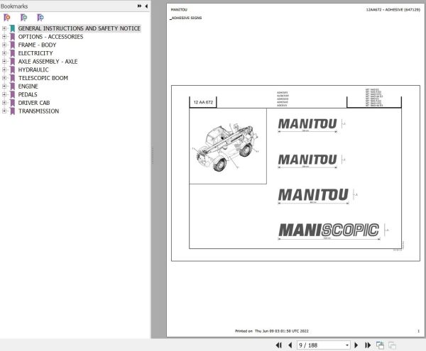 Manitou Telehandler MT 1440 HA E3 Parts Catalog 647129
