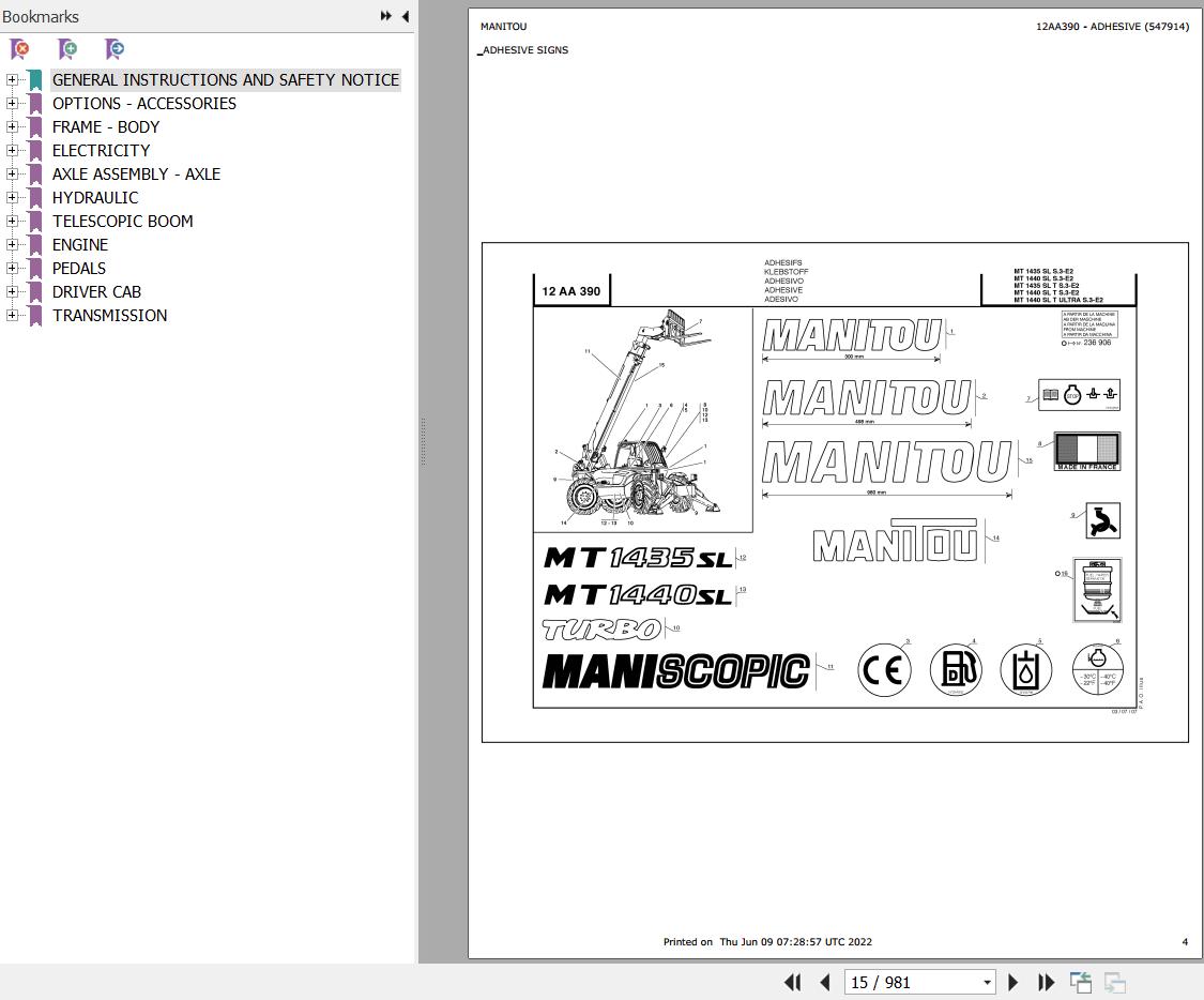Manitou Telehandler MT 1440 SL TURBO S3 E2 Parts Catalog 547914