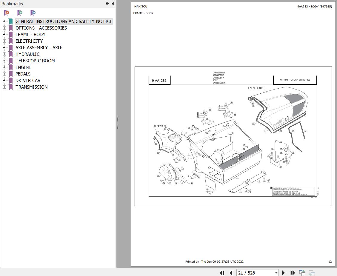 Manitou Telehandler MT 1445 H L TURBO S2 E2 USA Parts Catalog 547935