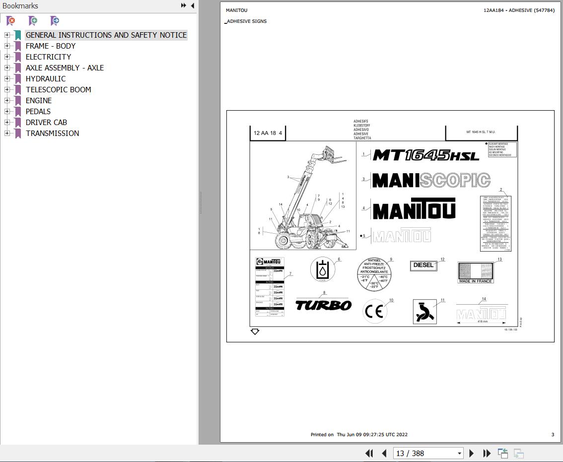 Manitou Telehandler MT 1645 HSL TURBO MONO ULTRA USA Parts Catalog 547784