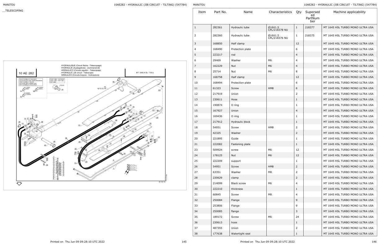 Manitou Telehandler MT 1645 HSL TURBO MONO ULTRA USA Parts Catalog 547784