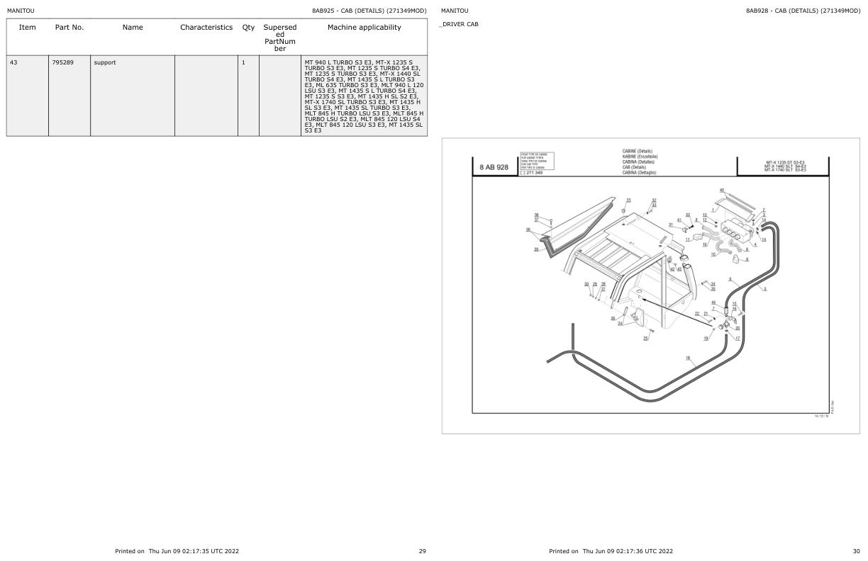 Manitou Telehandler MT 1740 SL MT-X 1235 S TURBO S3 E3 Parts Catalog 647209