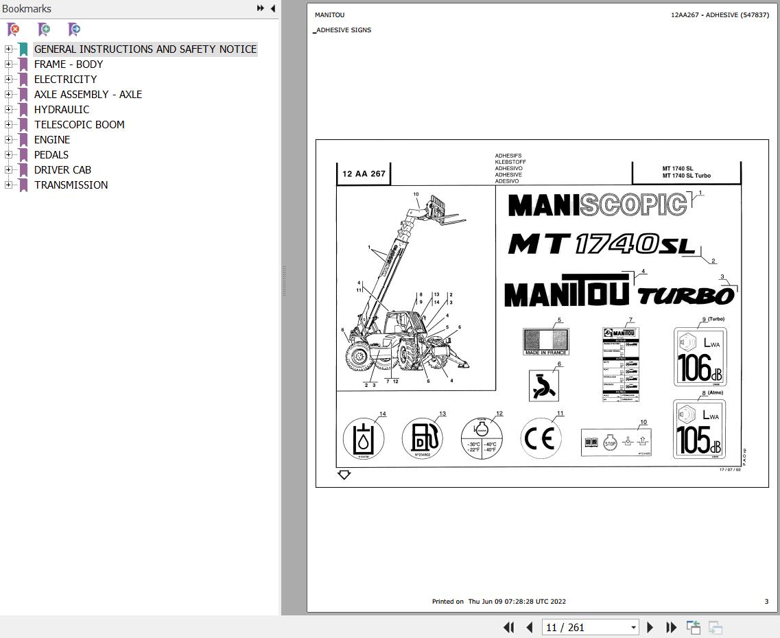 Manitou Telehandler MT 1740 SL TURBO S2 Parts Catalog 547837