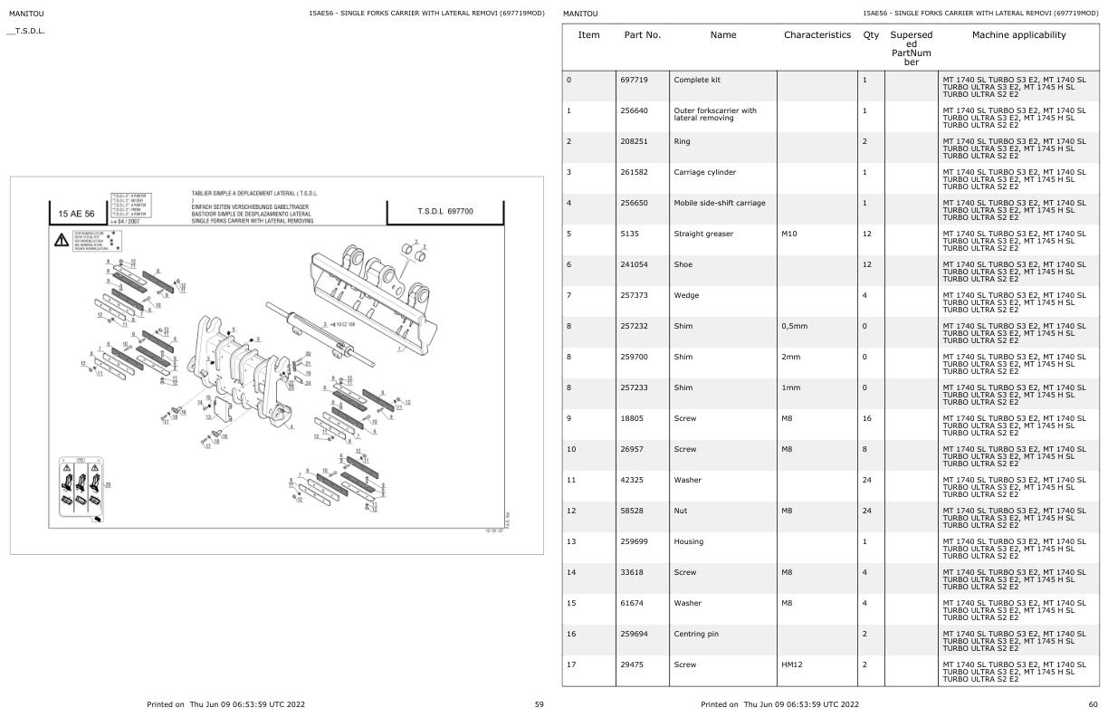 Manitou Telehandler MT 1740 SL TURBO S3 E2 Parts Catalog 547848