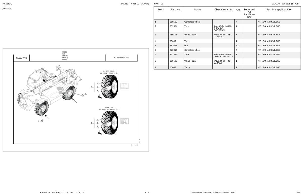 Manitou Telehandler MT 1840 EASY 75D ST5 S1 Parts Catalog 647760