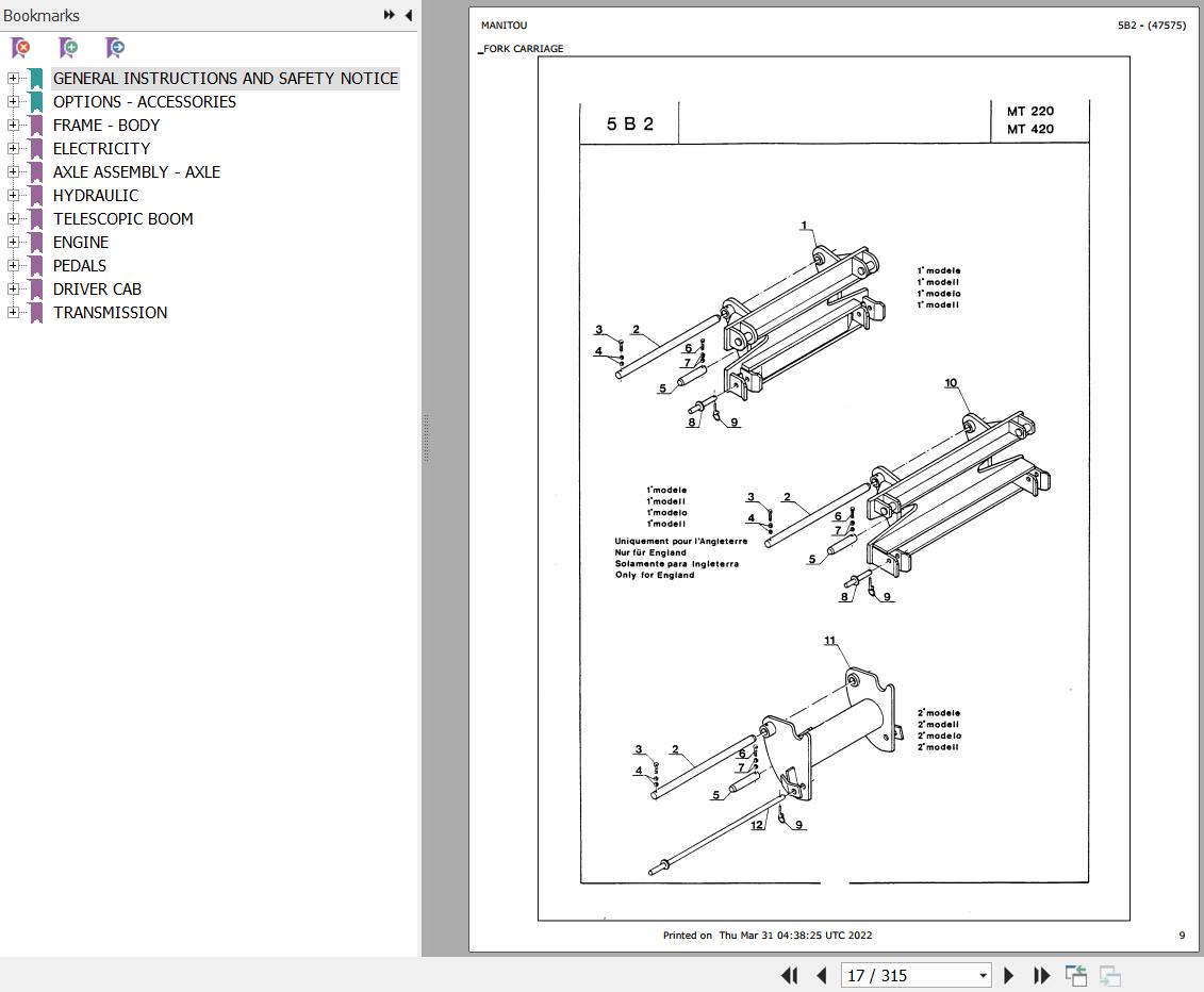Manitou Telehandler MT 220 Parts Catalog 47575