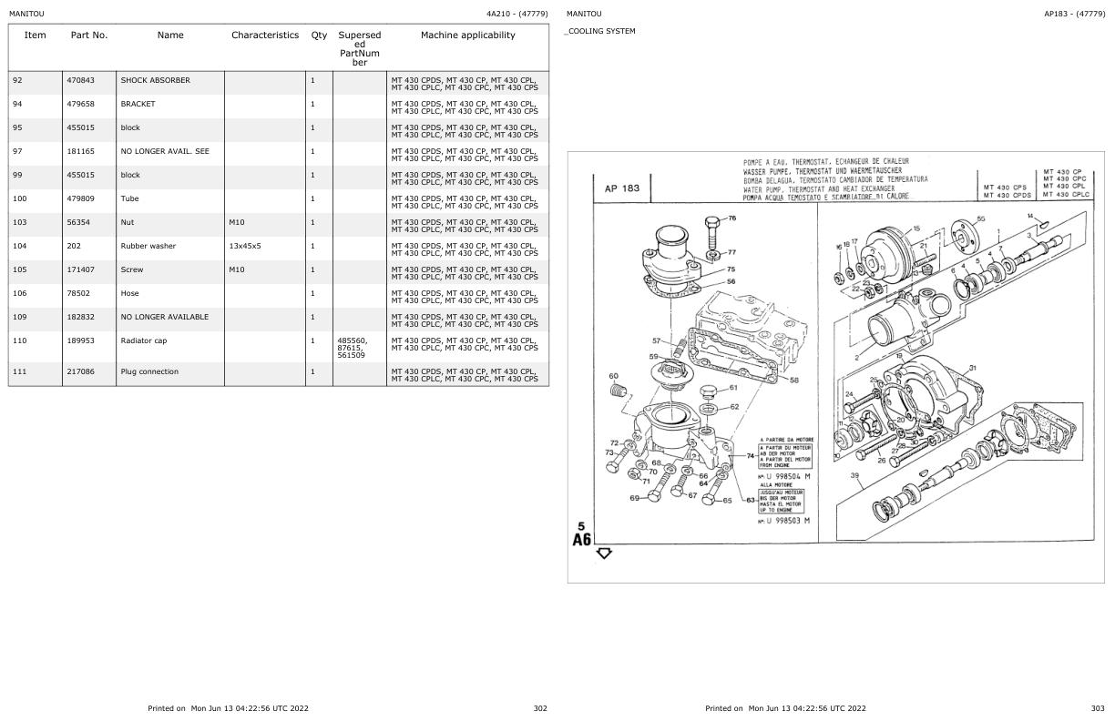 Manitou Telehandler MT 430 CPDS Parts Catalog 47779