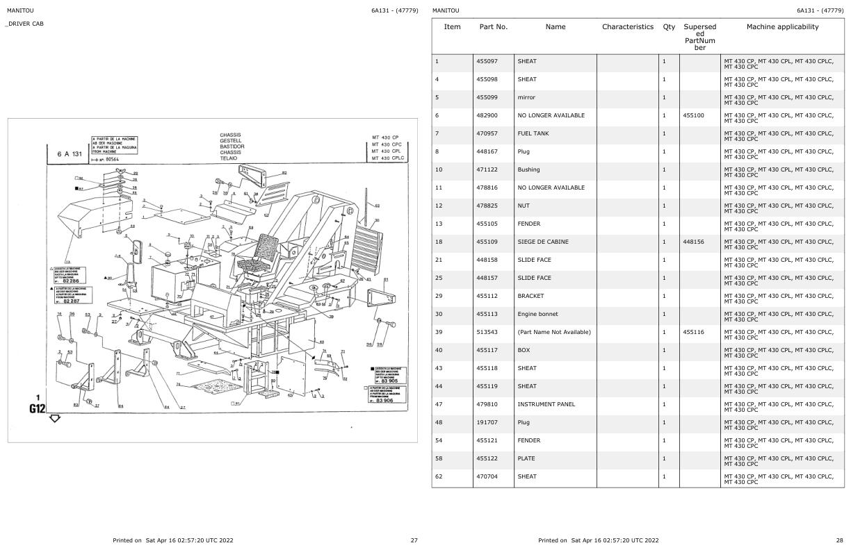 Manitou Telehandler MT 430 CPLC Parts Catalog 47779