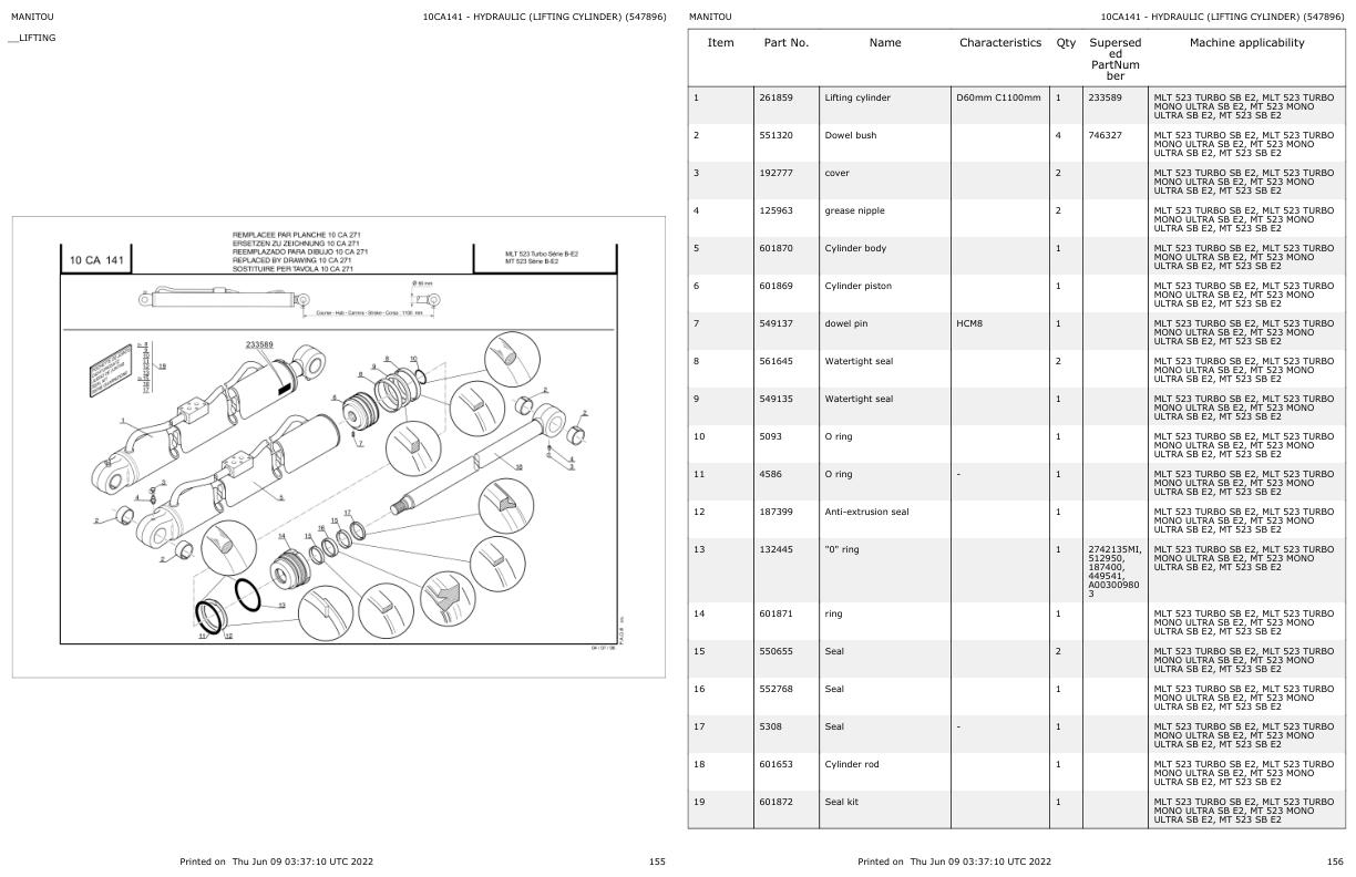 Manitou Telehandler MT 523 MONO ULTRA SB E2 Parts Catalog 547896