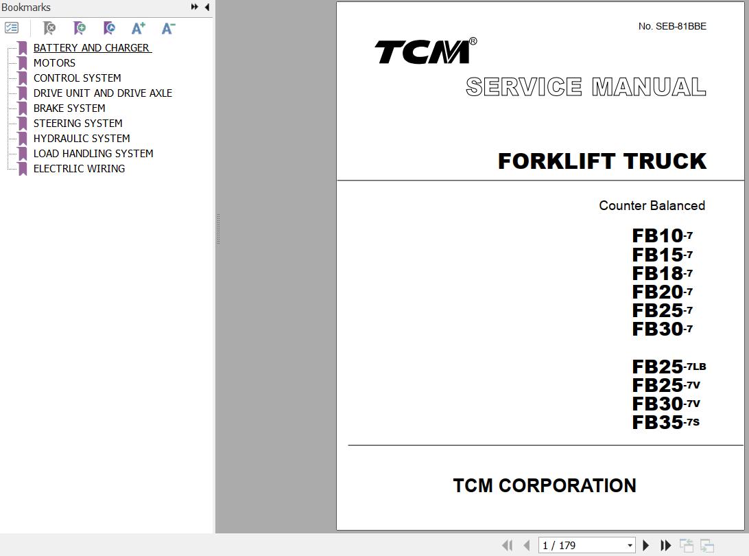 TCM Forklift FB10 FB15 FB18 FB20 FB25 FB30 FB35-7 (LB,V,S) Service Manual SEB-81BBE