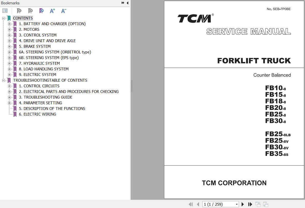 TCM Forklift FB10 FB15 FB18 FB20 FB25 FB30 FB35-8 (LB,V,S) Service Manual SEB-7P0BE