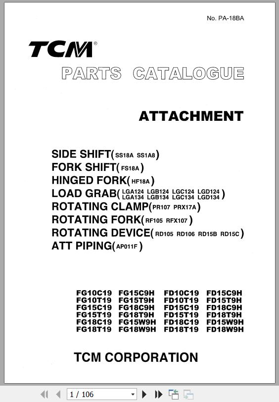 TCM Forklift FD10 to FG18 C19 T19 C19H T9H W9H Attachment Parts Catalog PA-18BA