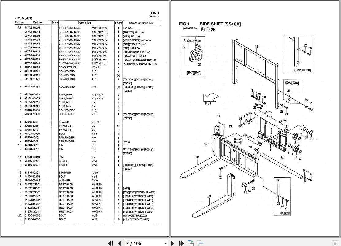 TCM Forklift FD10 to FG18 C19 T19 C19H T9H W9H Attachment Parts Catalog PA-18BA