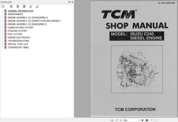 TCM Isuzu Engine C240PKJ Series Parts Catalog PE-C240PKJ-1C