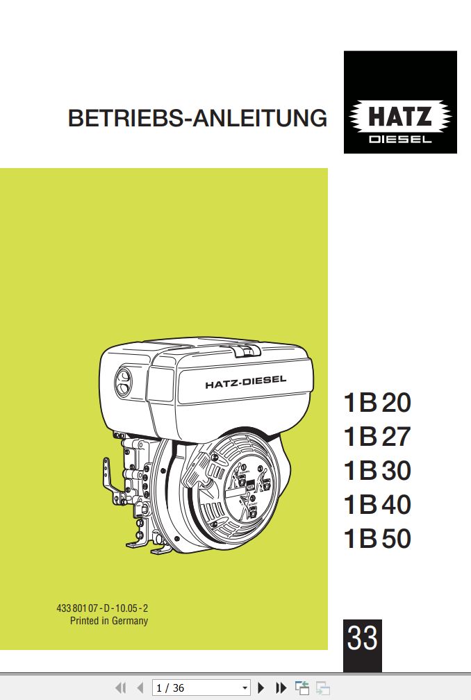 Hatz Engine 1B20 1B27 1B30 1B40 1B50 Instruction Book DE
