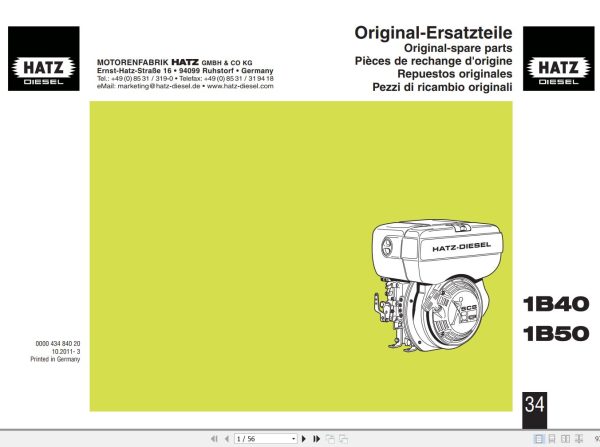 Hatz Engine 1B40 1B50 Spare Parts Catalog