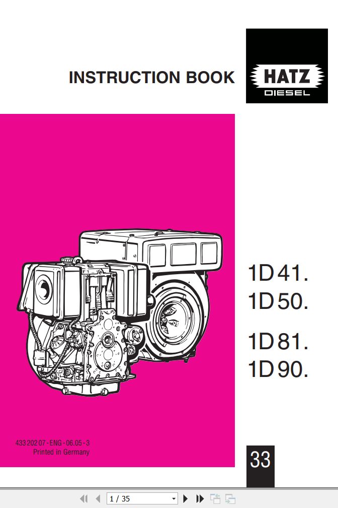 Hatz Engine 1D41 1B50 1D81 1D90 Instruction Book EN